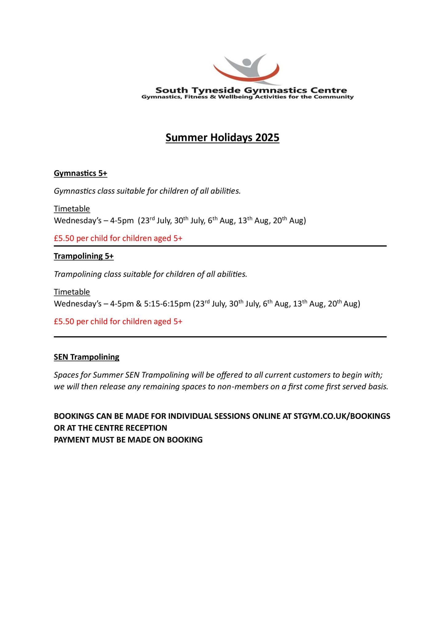 Summer Holiday Programme 2025 | South Tyneside Gymnastics Centre